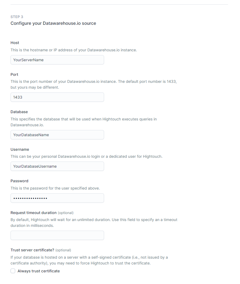 Datawarehouse.io for Hightouch Setup Guide